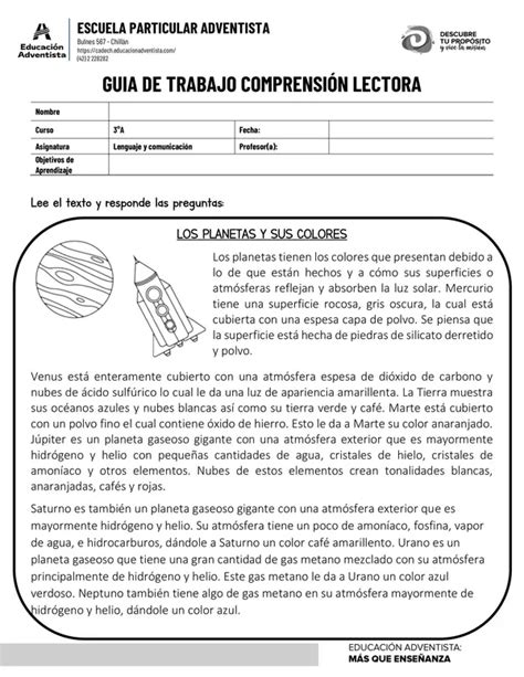 Guía de comprensión lectora Los planetas y sus colores profe social