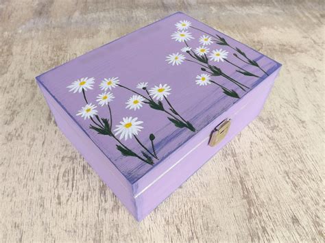 Wood Tea Box With Ox Eye Daisy Hand Painted Custom Floral Etsy Wooden