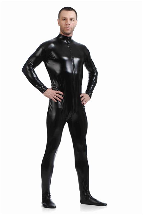 2017 Wholesale One Piece Shiny Lycra Spandex Black Mens Unitard Turtleneck Catsuits Metallic