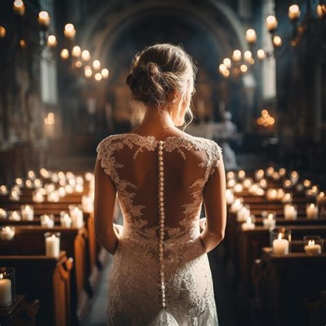 Noiva em um vestido de noiva de renda em pé em uma igreja velas