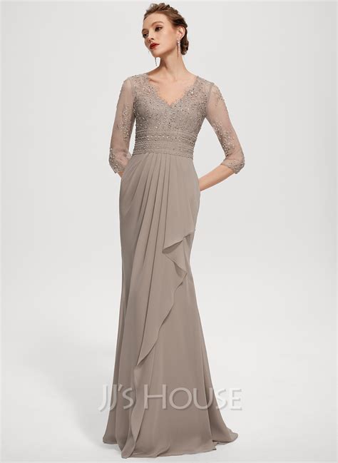 Sheath Column V Neck Floor Length Chiffon Lace Evening Dress With