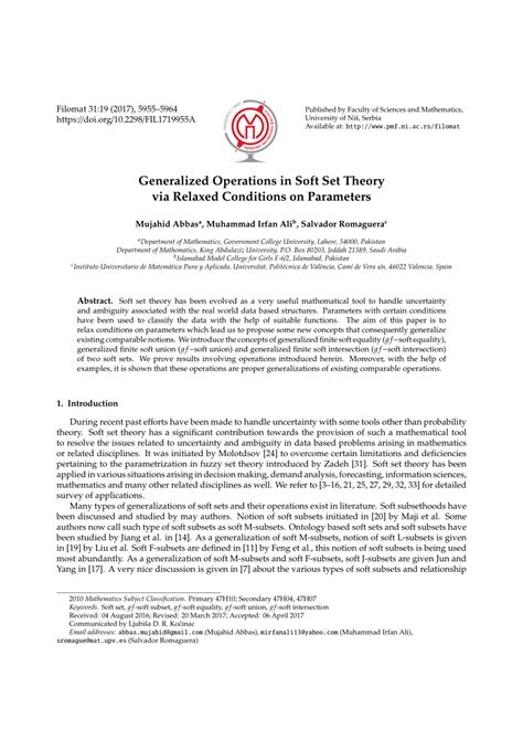 pdf generalized operations in soft set theory via relaxed conditions on parameters