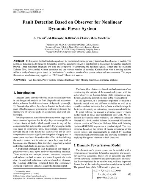 pdf fault detection based on observer for nonlinear dynamic power system