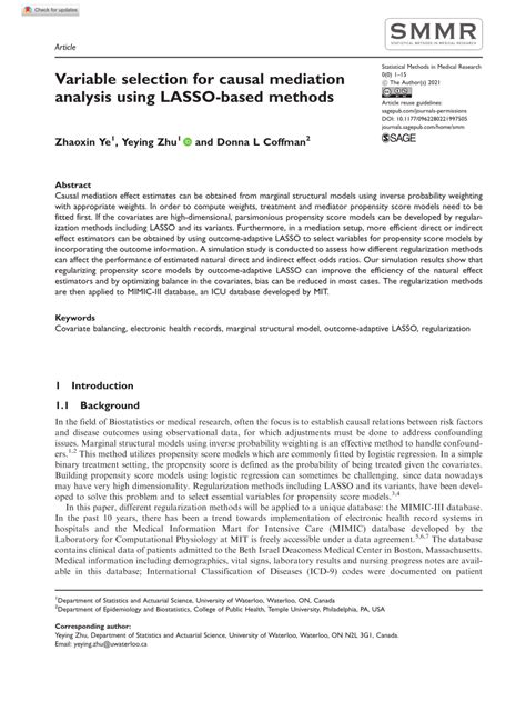 pdf variable selection for causal mediation analysis using lasso based methods