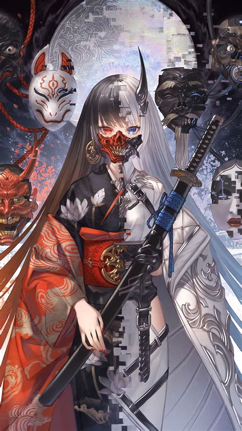 Anime Girls Mask Katana Hd Phone Wallpaper Rare Gallery