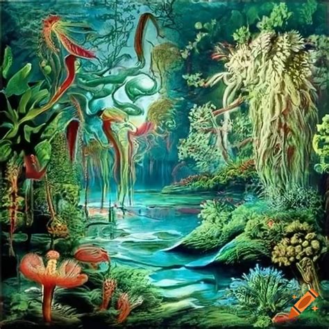 Hans Haeckel Castel Lake Jungle Painting Stream Water Racines Plantes