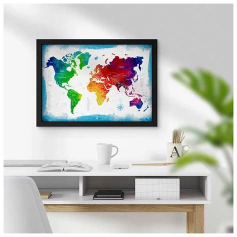 Quadro Mapa Múndi p Marcar Viagens Estilo Aquarela Kit c 50 Pins