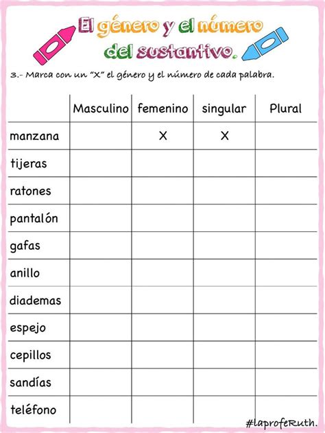 Ejercicio de Género y número del sustantivo Ejercicios de