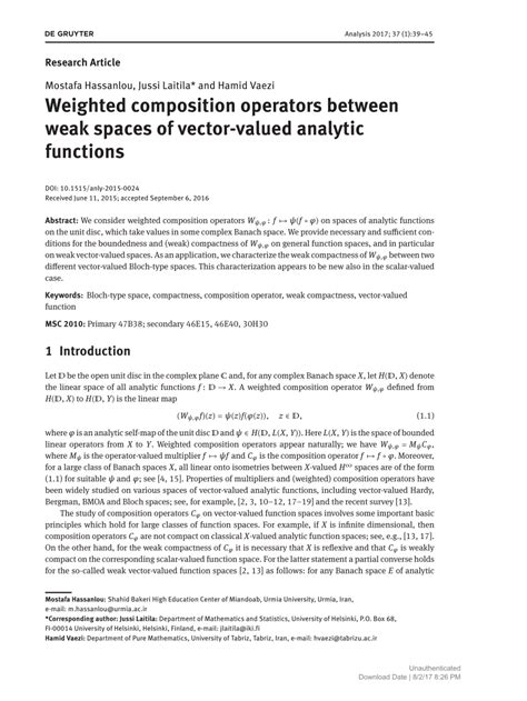 pdf weighted composition operators between weak spaces of vector valued analytic functions