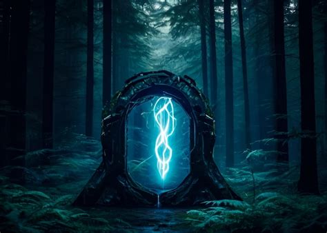 Um portal para outra dimensão numa floresta escura Foto Premium