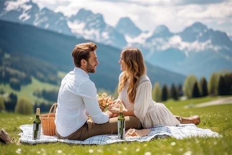 Junges Verliebtes Paar Beim Picknick In Den Dolomiten Freund Und Freundin Sitzen Und Betrachten