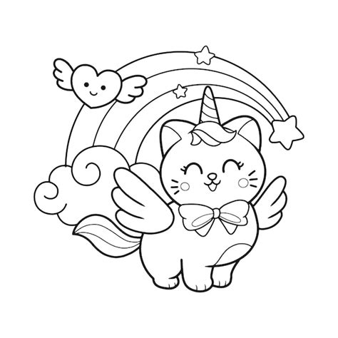 Coloriage De Chat Mignon Licorne Et étoiles Arc en ciel Dessinés à La