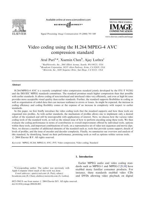 video coding using the h 264 mpeg 4 avc compression standard