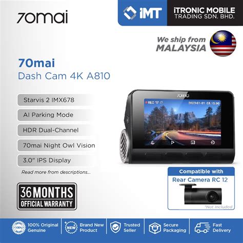 70mai Dash Cam 4K A810 With RC12 Rear Camera IMX678 Sony Image Sensor