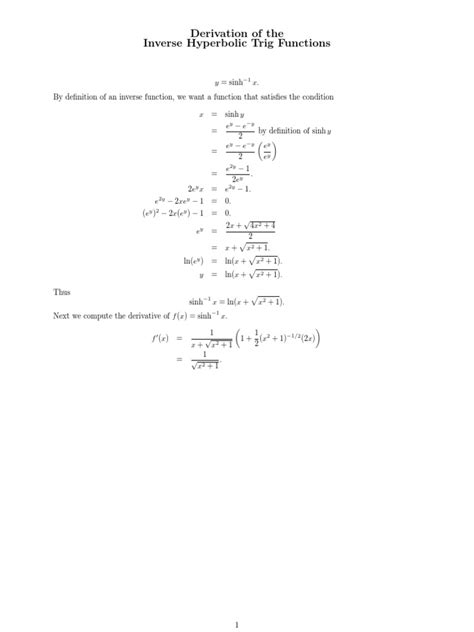 derivation of the inverse hyperbolic trig functions y sinh x download free pdf