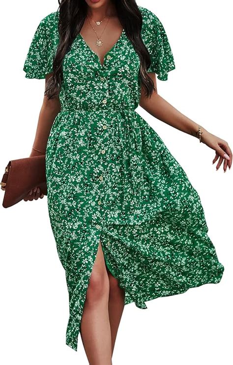 KANDEMY Damen Vintage Blumen Sommerkleid mit Gürtel Knopf Blusenkleid