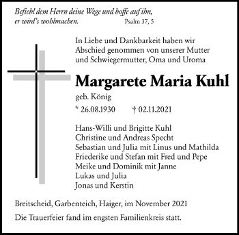 Traueranzeigen Von Margarete Maria Kuhl Vrm Trauer De