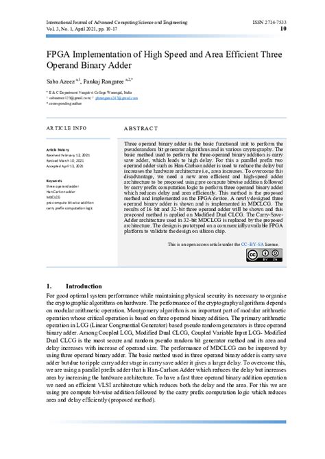 pdf fpga implementation of high speed and area efficient three operand binary adder pankaj
