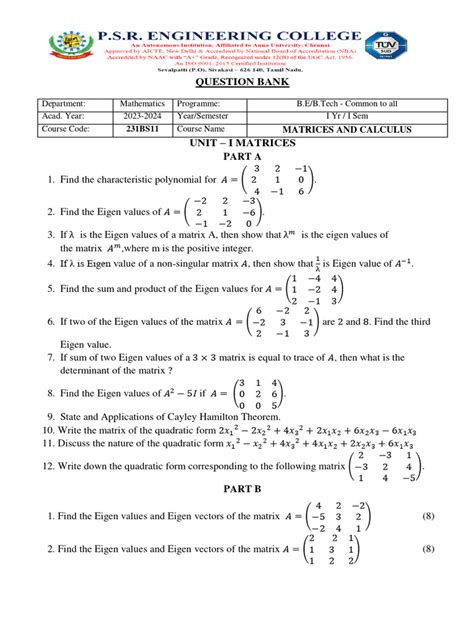 231bs11 question bank pdf eigenvalues and eigenvectors matrix mathematics