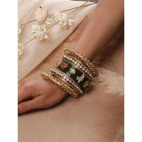 Jazz And Sizzle Gold Plated White Stone Studded Beaded Green Chuda