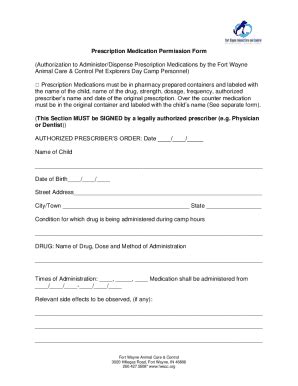 Fillable Online Prescription Medication Permission Form Authorization
