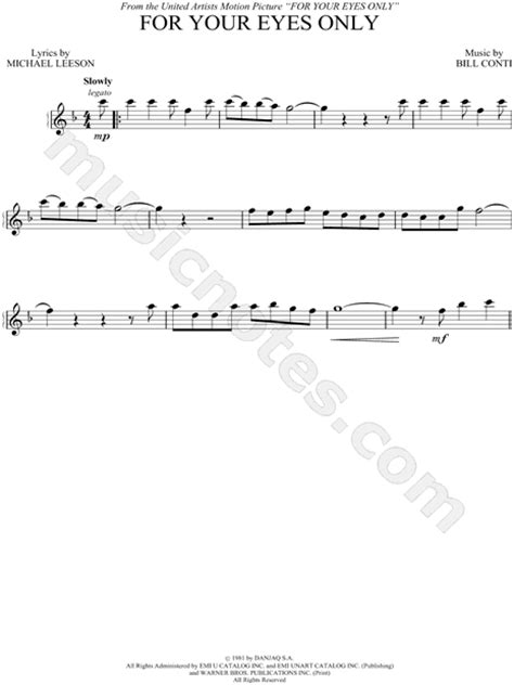 Sheena Easton For Your Eyes Only Sheet Music Flute Violin Oboe Or