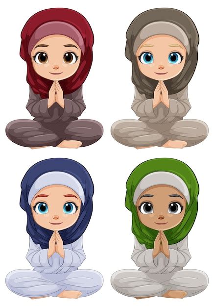 Diverses Filles De Dessins Animés En Hijab Vecteur Premium