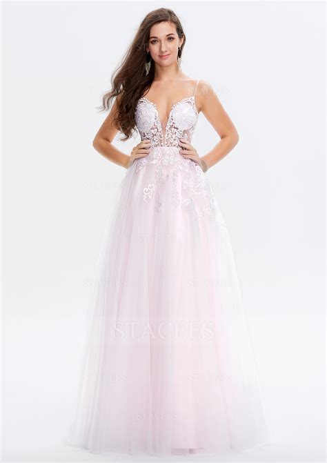 A Line V Neck Sleeveless Lace Tulle Long Floor Length Prom Dress Prom