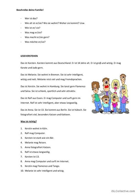 Familiie allgemeines leseverständnis Deutsch DAF Arbeitsblätter pdf doc