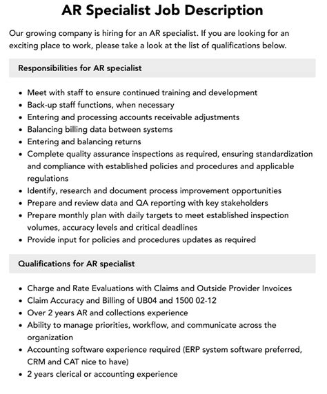 AR Specialist Job Description Velvet Jobs