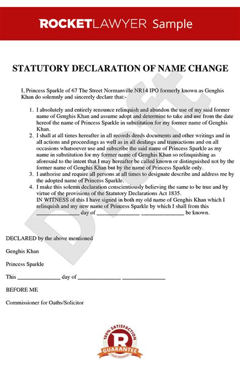 Statutory Declaration Name Change Template Get Free Templates