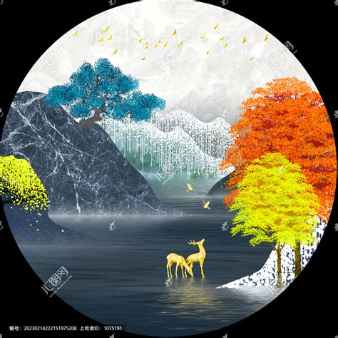 湖畔山峦麋鹿圆形挂画装饰画 装饰画设计 其他设计 设计模板 汇图网www huitu