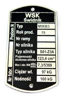 Tabliczka Znamionowa WSK 125 M06 B3 S01 Z3A 10853541944 Oficjalne