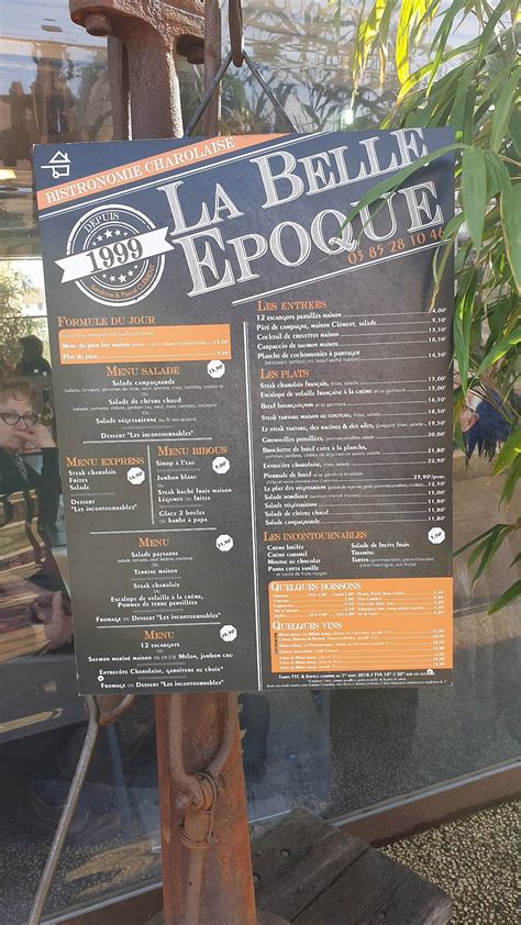 Menu au La belle époque restaurant La Clayette Place des Fossés