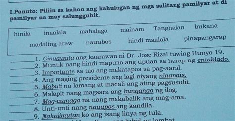 Panuto Pliin Sa Kahon Ang Kahulugan Ng Mga Salitang Pamilyar At Di