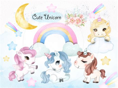 Cute Unicorn Water Color Clipart Instant Graphic By Chokdeesign