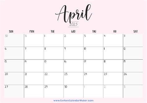 Pink April Calendar 2025 Junie Margret