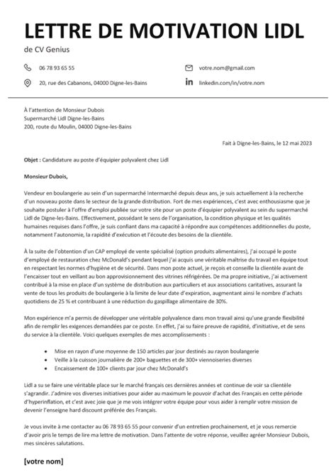 Lettre de motivation Lidl Modèle et exemple