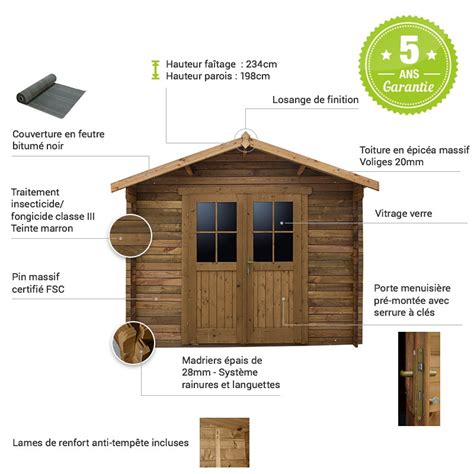 Abri en bois massif 9m² 28mm traité teinté marron Gardy Shelter