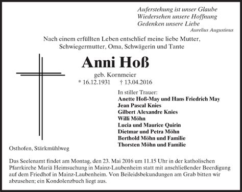 Traueranzeigen von Anni Hoß vrm trauer de