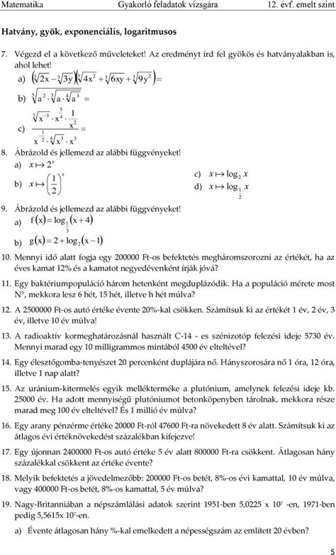 Matematika Gyakorló feladatok vizsgára 12 évf emelt szint PDF