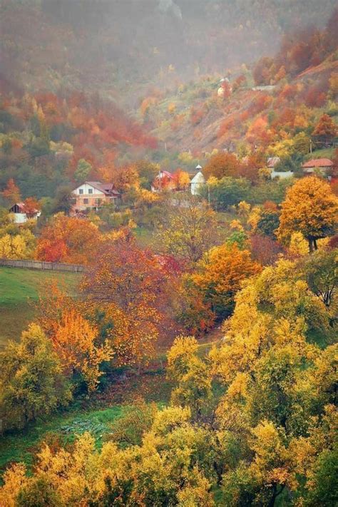 An Autumn Scene With Houses And Trees In The Foreground