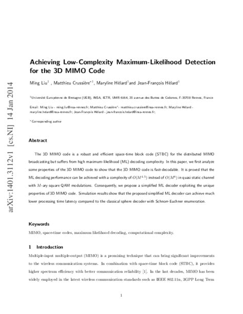 pdf achieving low complexity maximum likelihood detection for the 3d mimo code matthieu