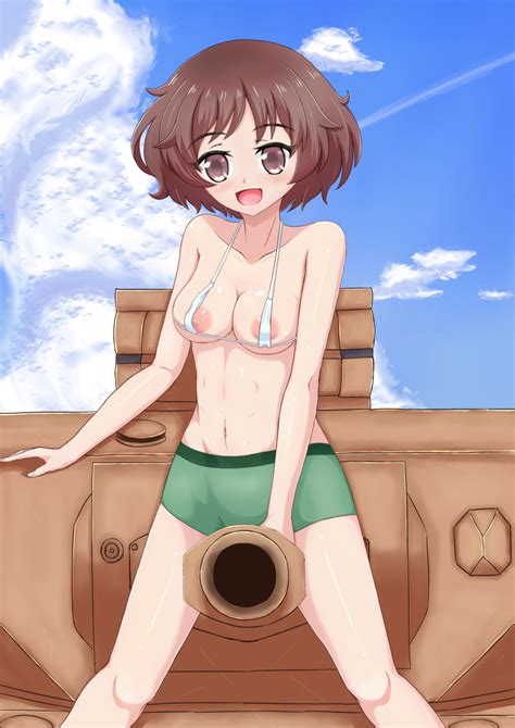 Rule 34 Akiyama Yukari Armor Armored Bike Shorts Blush Breasts Brown Eyes Brown Hair Cannon