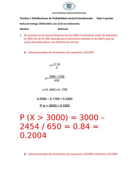 Practica Distribución Normal Estadistica I UNIBE Studocu