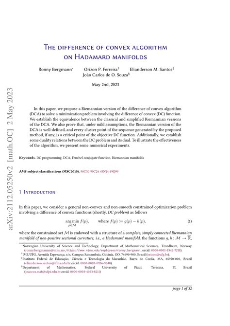 pdf the difference of convex algorithm on hadamard manifolds