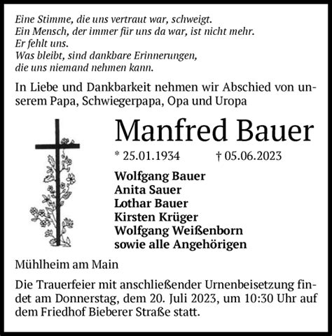 Traueranzeigen Von Manfred Bauer Trauer Op Online De