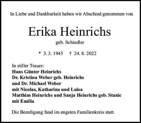 Traueranzeigen Von Erika Heinrichs Vrm Trauer De