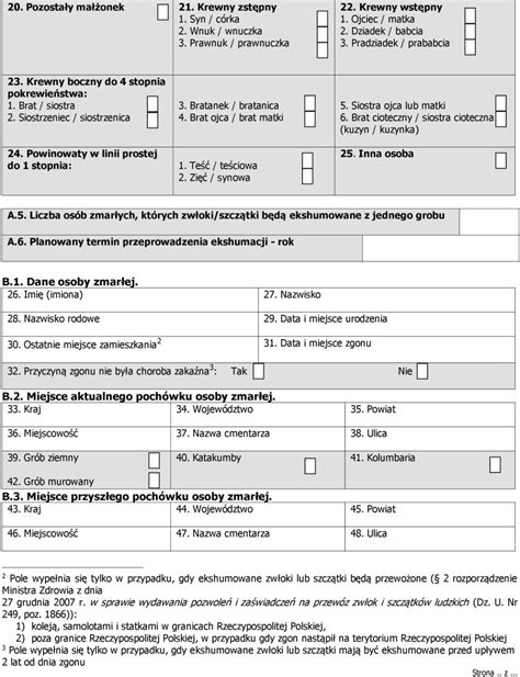 Wniosek o wydanie zezwolenia na 1 Ekshumację zwłok lub szczątków