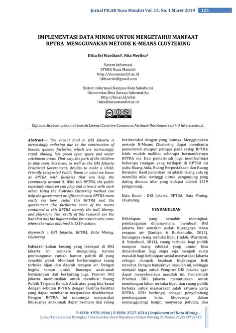 pdf implementasi data mining untuk mengetahui manfaat rptra menggunakan metode k means clustering